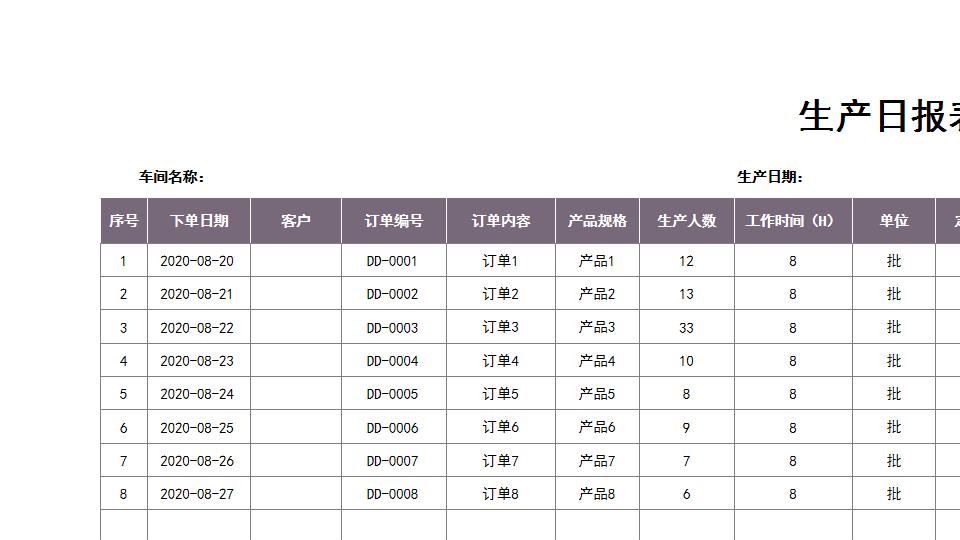 加工生产表格excel免费模板下载 Excel资源 记灵工具