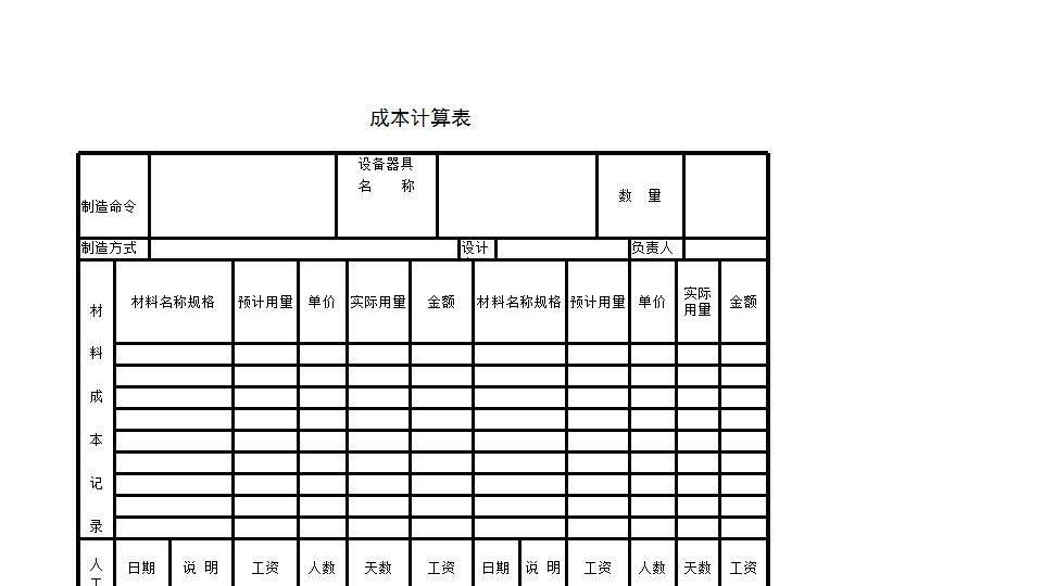 成本标准核算表excel免费模板下载 Excel资源 记灵工具